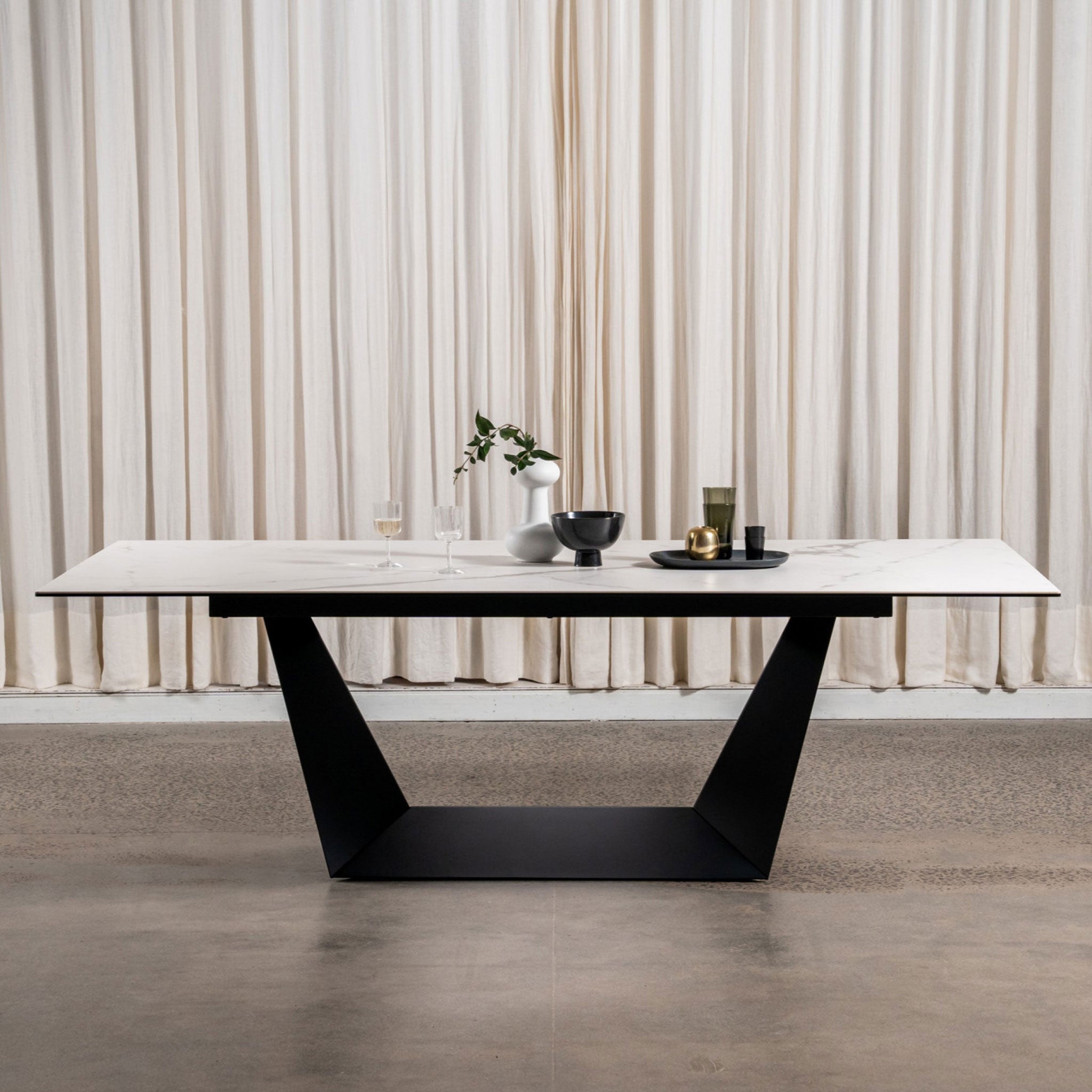 Symphony Dining Table 2400 Marmo (White Storm) Top: Matte Ceramic Tempered Glass Frame: Black ...