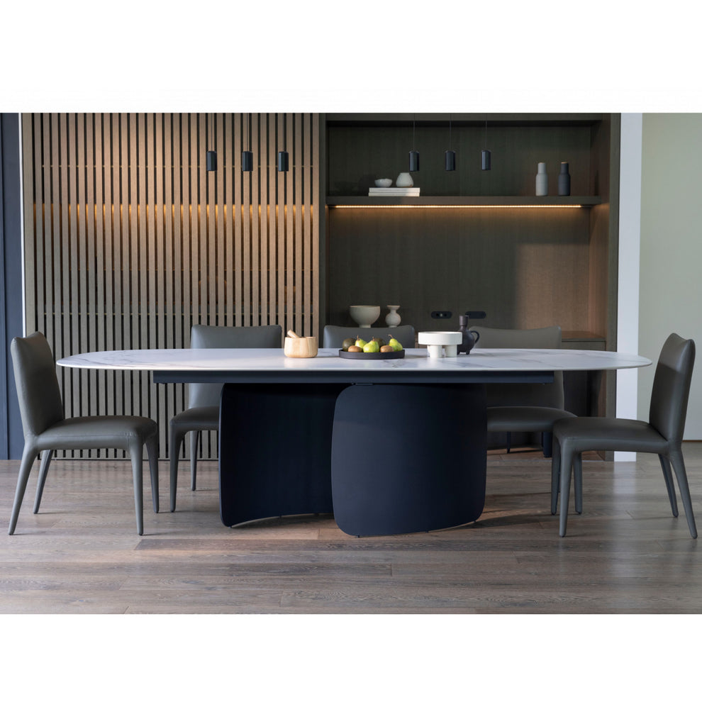 Petra Dining Table 2600 Valentino (White Strike) Top: Matte Ceramic Tempered Glass Frame: Black ...